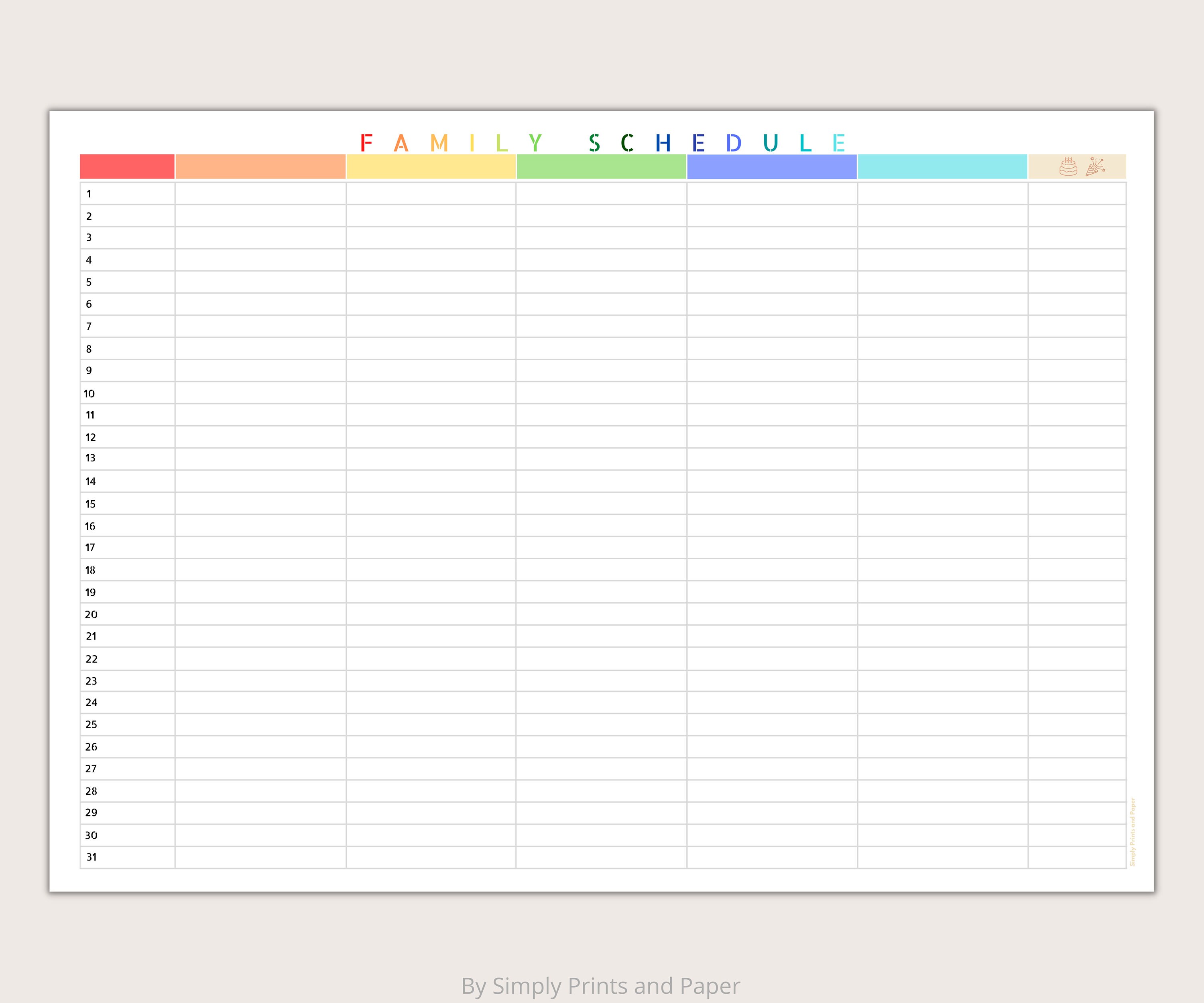 Colorful Family Wall Planner, Printable Family Planner, Monthly Undated ...