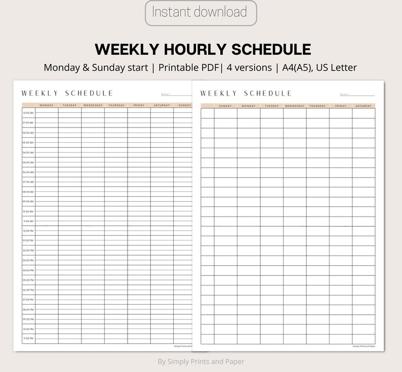 Simple Hourly Weekly Schedule Set, Half Hour Weekly Schedule, Weekly to ...