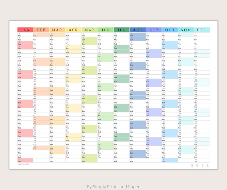 2026 Wall Calendar Bundle Printable A1 A2 A3 | Colorful Year at a ...