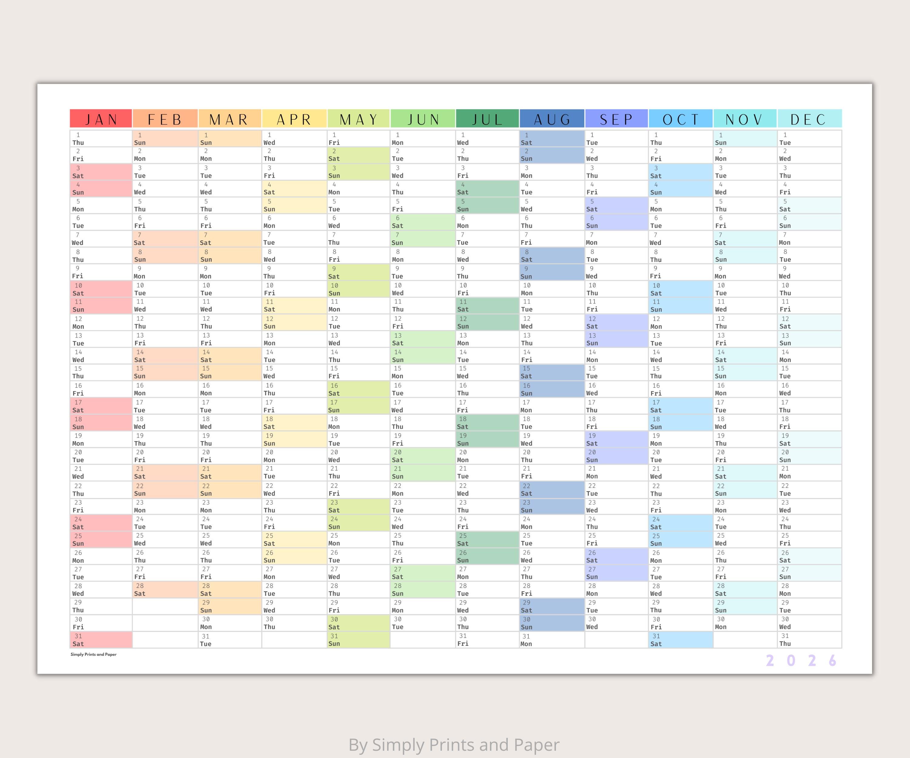 2026 Wall Calendar Bundle Printable A1 A2 A3 | Colorful Year at a ...