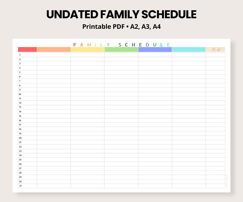 Undated Family Schedule Printable A2 A3 A4 | Monthly Family Planner - Etsy