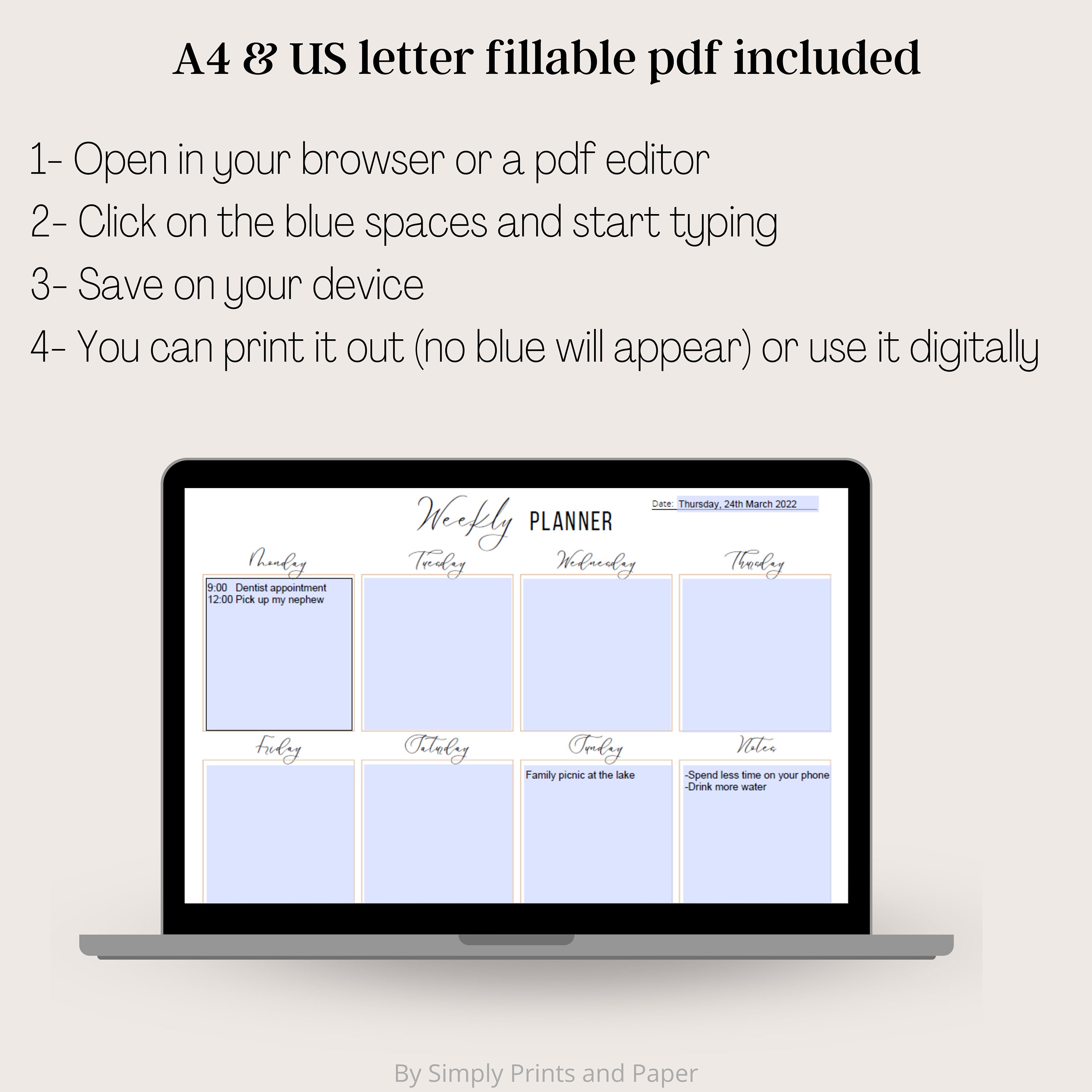 Weekly Planner Printable, Digital Weekly Schedule, Week at a Glance ...