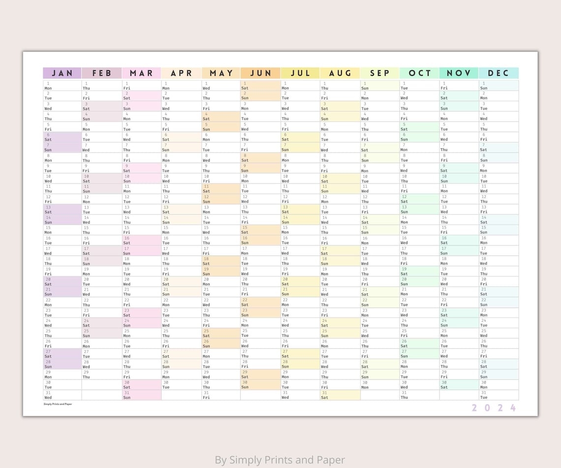 2024 Colorful Pastel Wall Calendar Printable Yearly Planner Large Wall ...