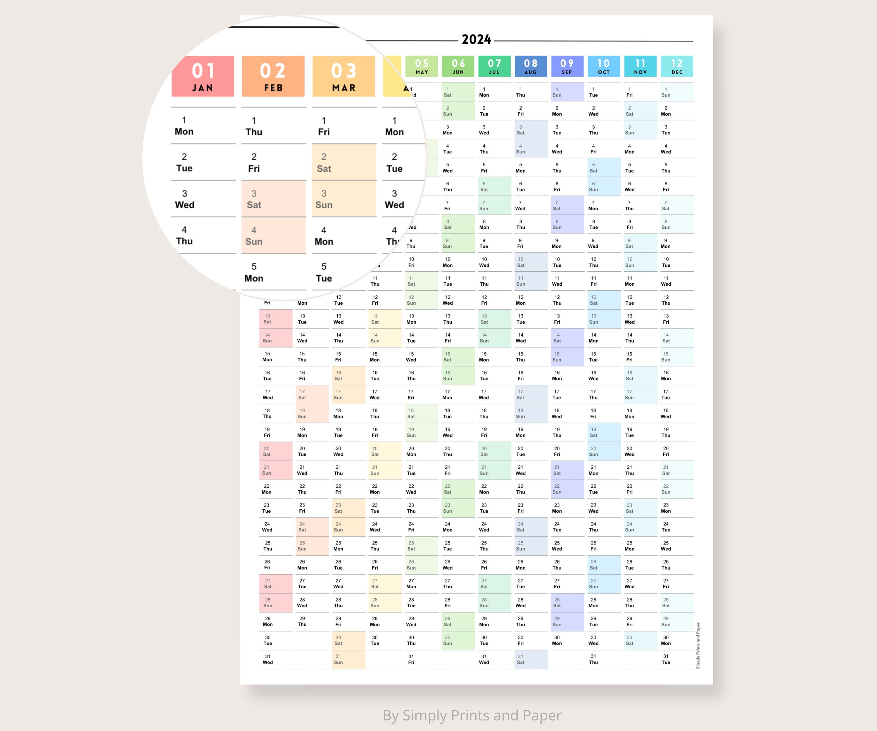 2024 Colorful Rainbow Wall Calendar Printable Yearly Planner Modern ...