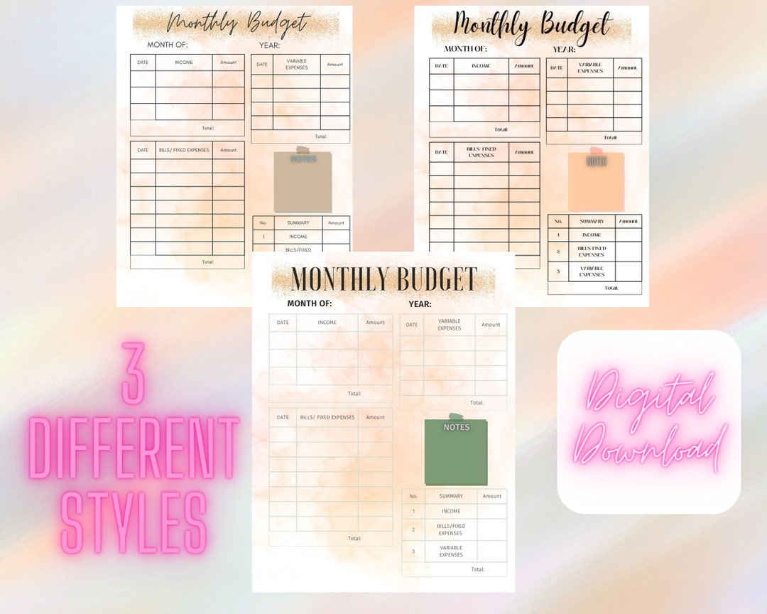 Digital Download Monthly Budget Sheet for Finances. - Etsy