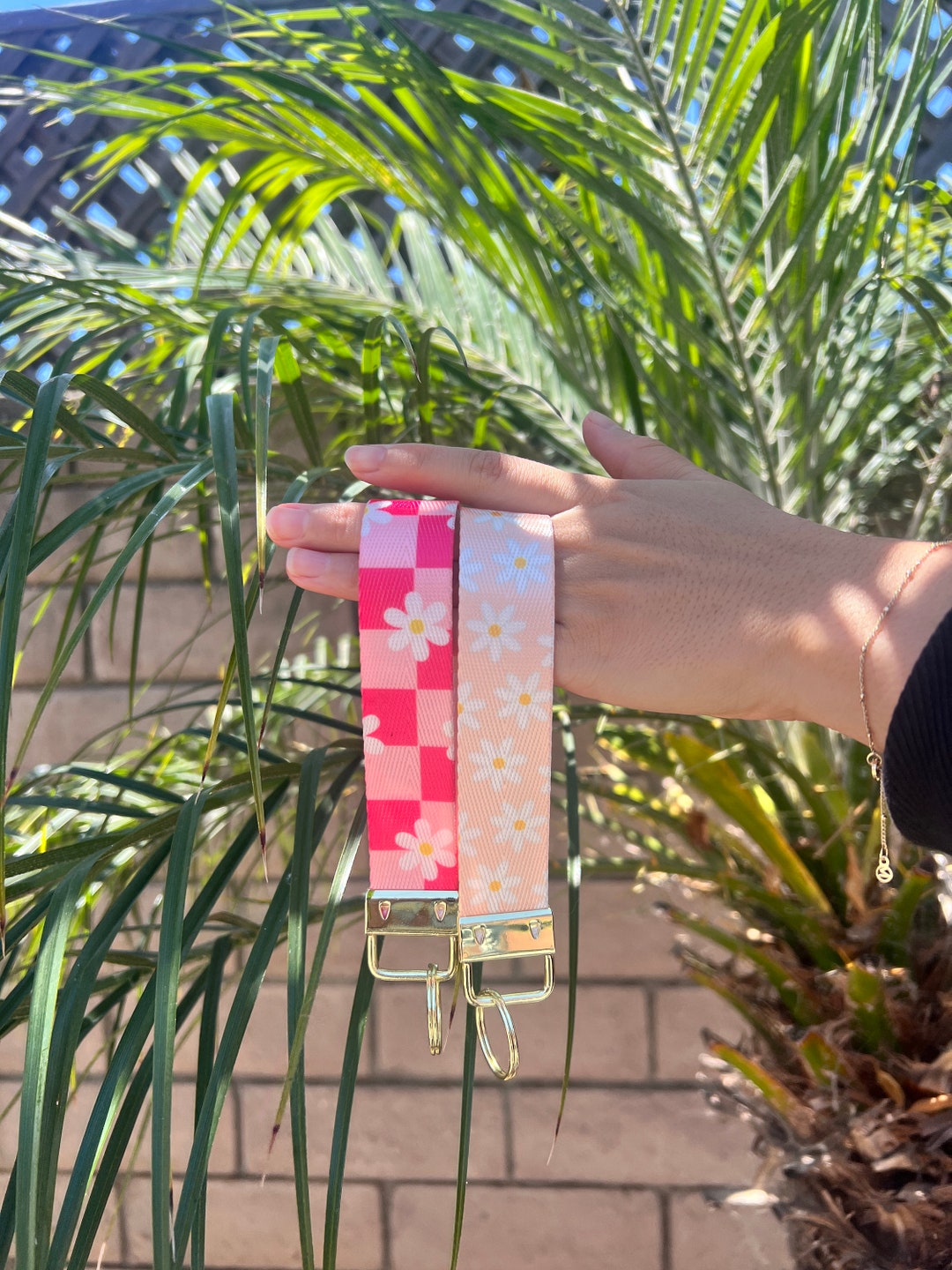 Pink Checkered Keychain Wristlet, With Florals, Cute Keychain ...