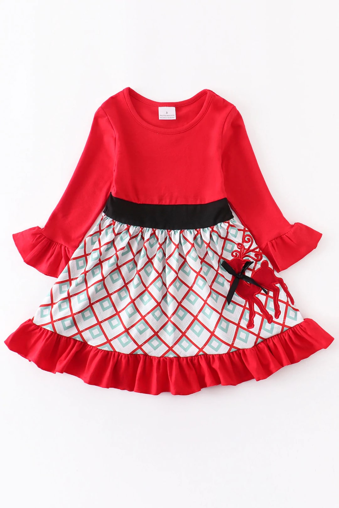 Girls Long Sleeve Red Dress With Reindeer Applique - Etsy