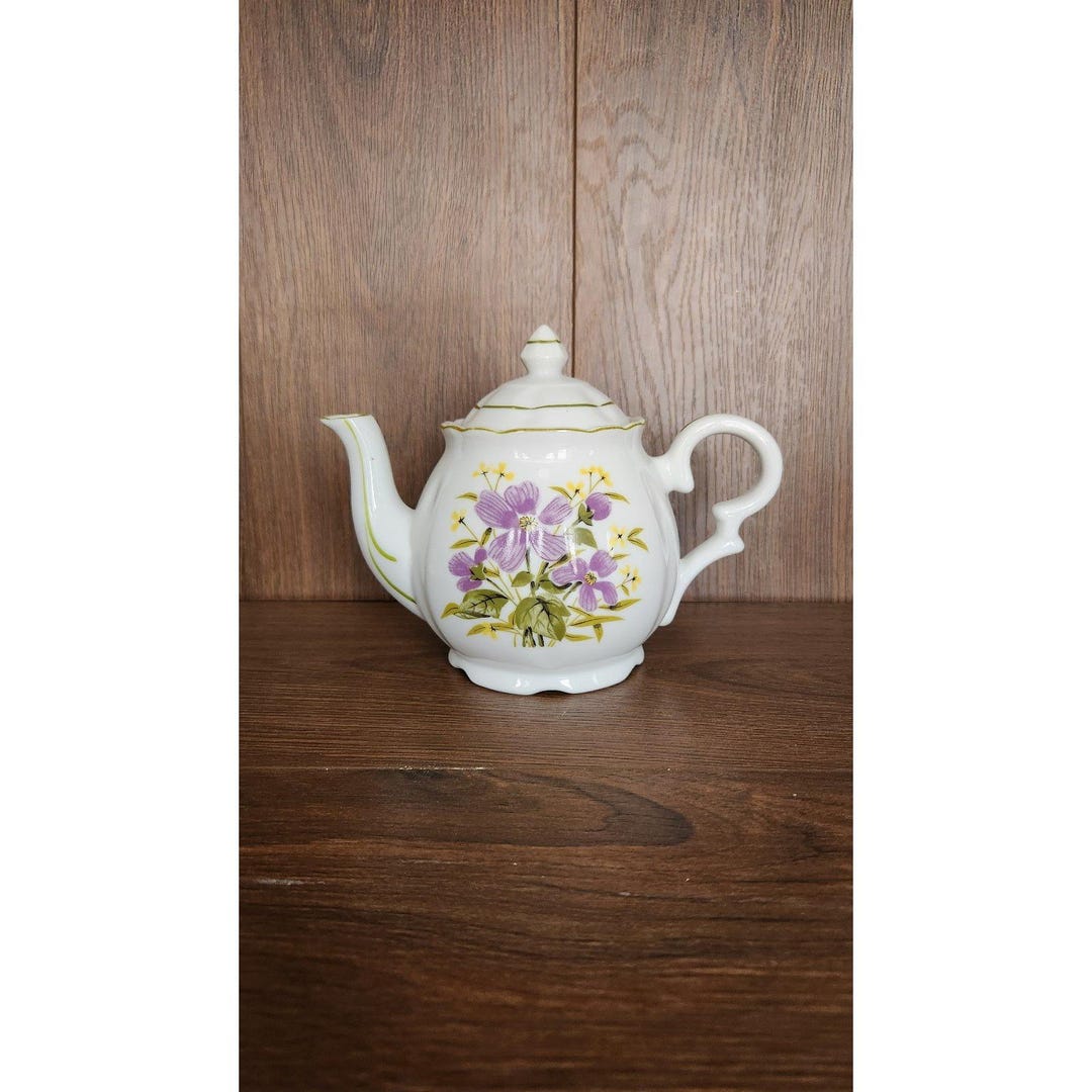 Vintage Purple Violets Green Trimmed 6 White Handpainted Teapot - Etsy