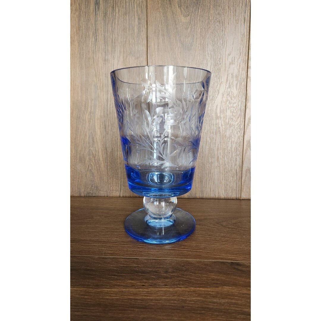 Tiffin Mid-century Depression Copen Blue Glass Sand Etched Vase Swedish ...