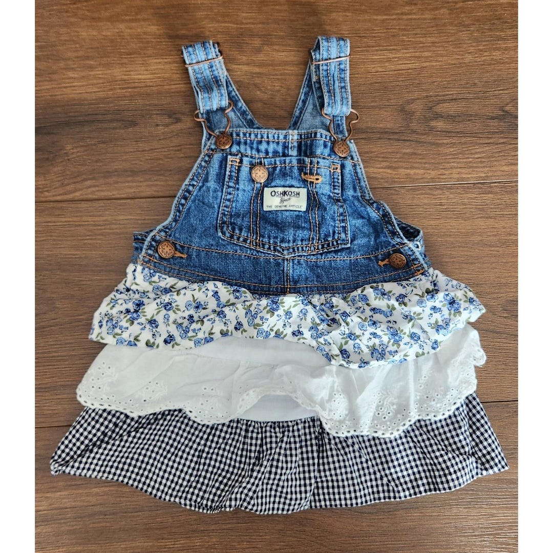 Oshkosh Girl Bib Overalls Denim Dress Jumper Blue Flowers White Eyelet ...