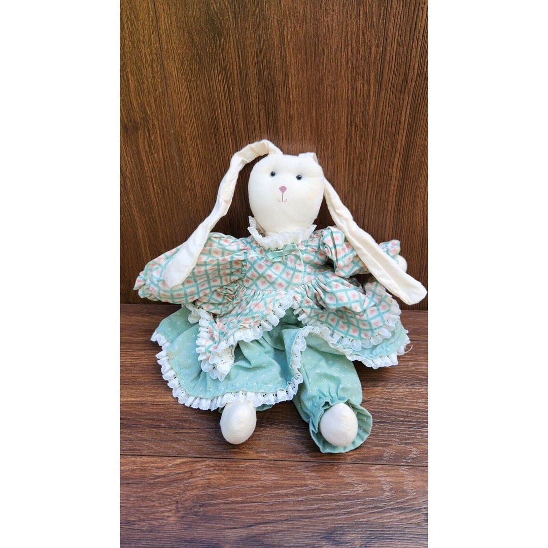 Handmade Cloth Bunny Rabbit Grannycore Primitive Dress Crunchy Rag Doll ...