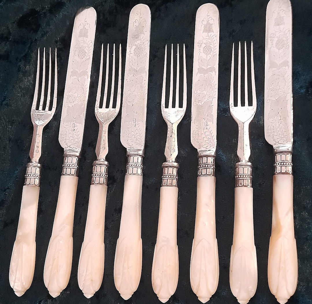 Antique 'harry Atkins' Set of Fruit/luncheon Cutlery/hand Carved Mother ...