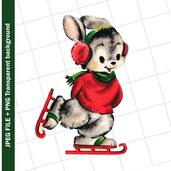 Digital Bunny Rabbit Skates Christmas Winter Vintage - Etsy