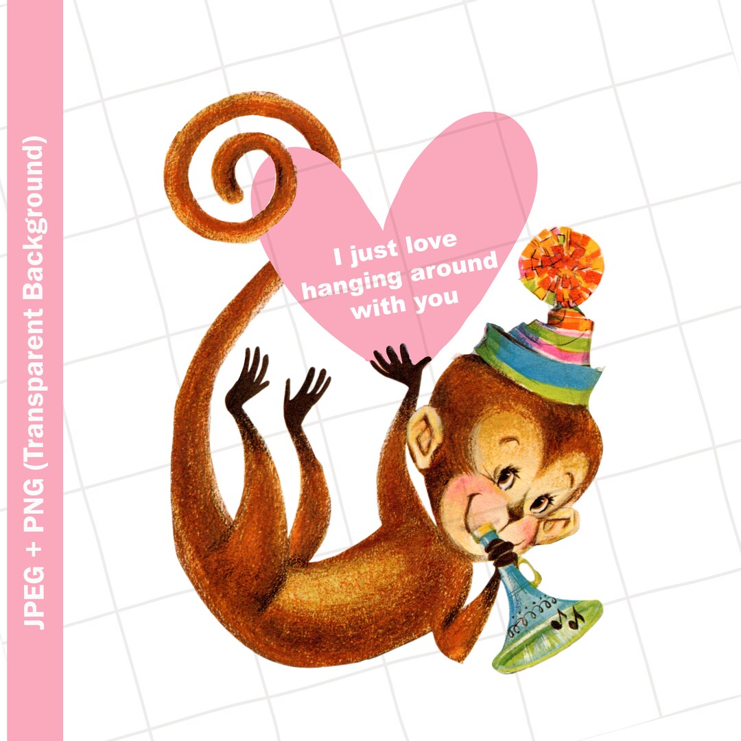 Vintage Digital Clipart | Monkey Heart Valentine Vintage Greeting Card ...