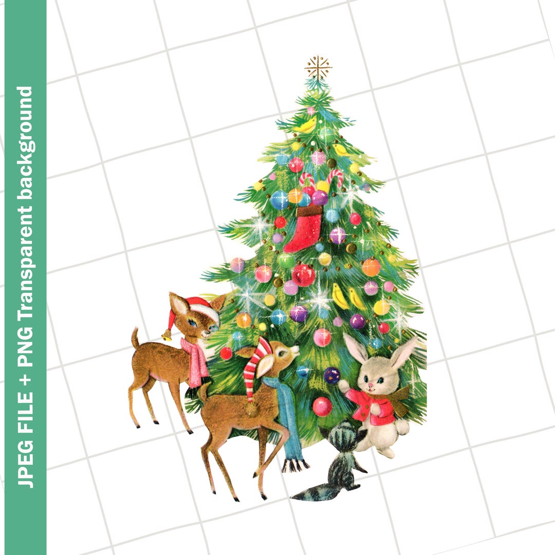 Vintage Clipart Green Christmas Tree Woodland Deer Bunny Vintage ...