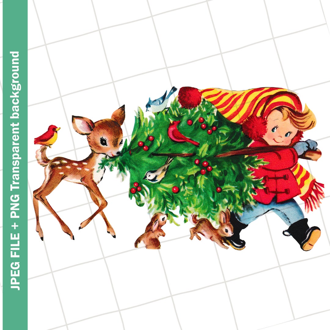 Vintage Clipart | Green Christmas Tree Woodland Deer Boy Bunny Vintage ...