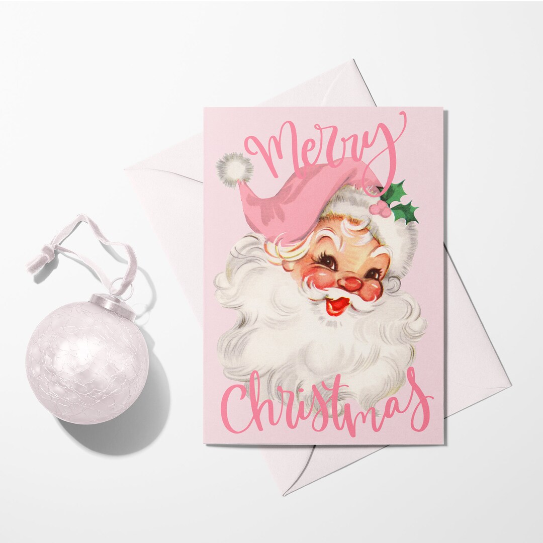 Printable Card | Pink Santa Claus, Christmas Vintage Greeting Card ...