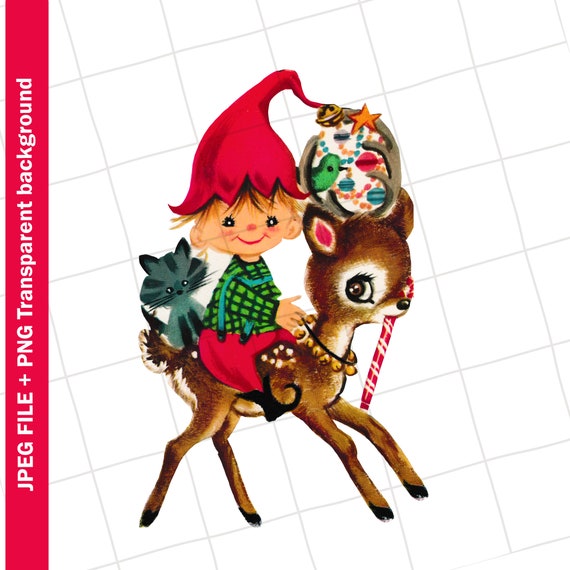 Digital Christmas Reindeer Elf Vintage Greeting Card Clip | Etsy