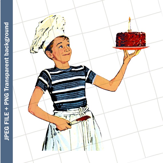 Vintage Digital Clipart Boy Baking Cake Birthday Image | Etsy