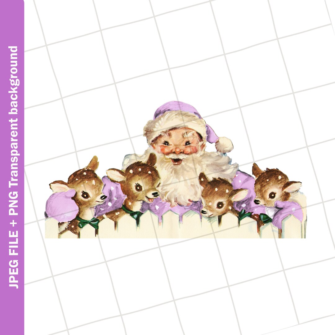 Digital Vintage Clipart | Purple Santa Reindeer Christmas Greeting Card ...