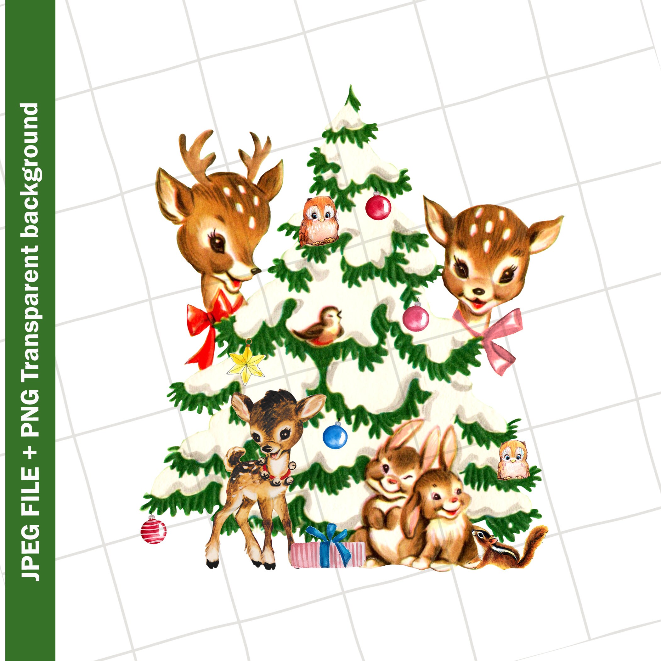 Vintage Clipart | Green Christmas Tree Woodland Deer Bunny Vintage ...