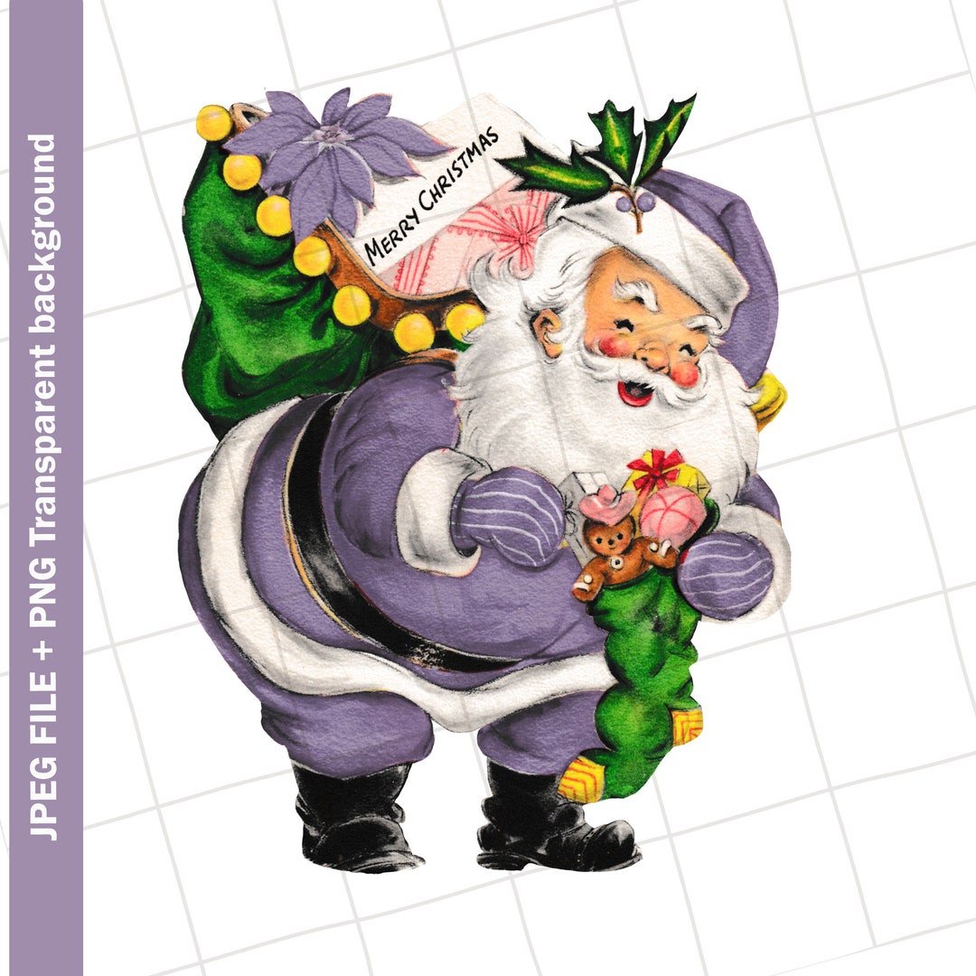 Digital Download | Purple Santa Claus Christmas Vintage Greeting Card ...