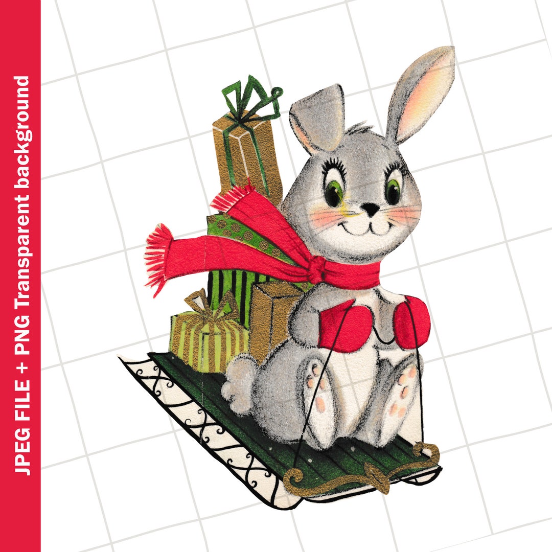 Digital Vintage Clipart Bunny Christmas Gifts Sled Greeting Card ...