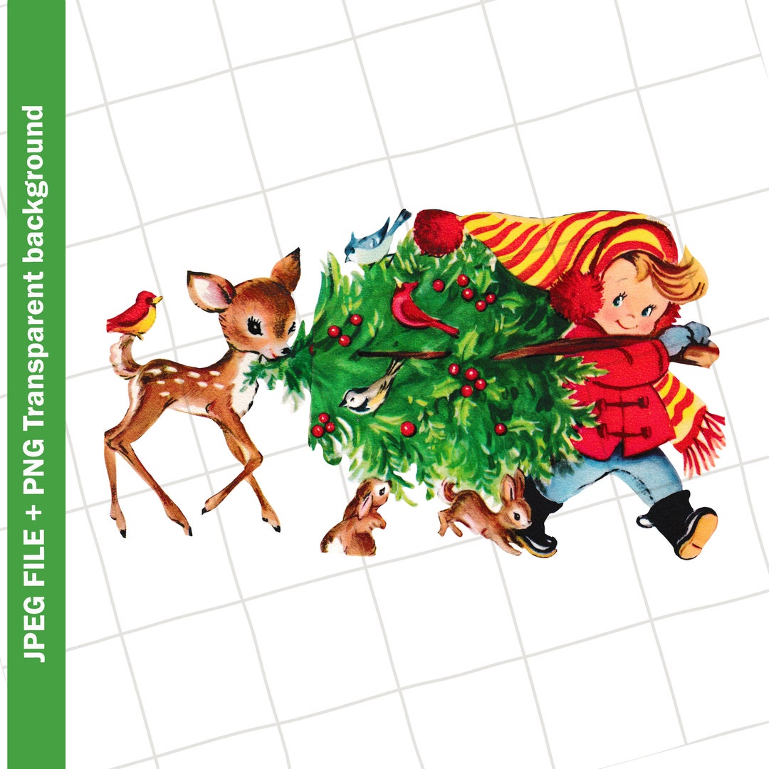 Digital | Boy Deer Christmas Tree Vintage Greeting Card Image Graphic ...