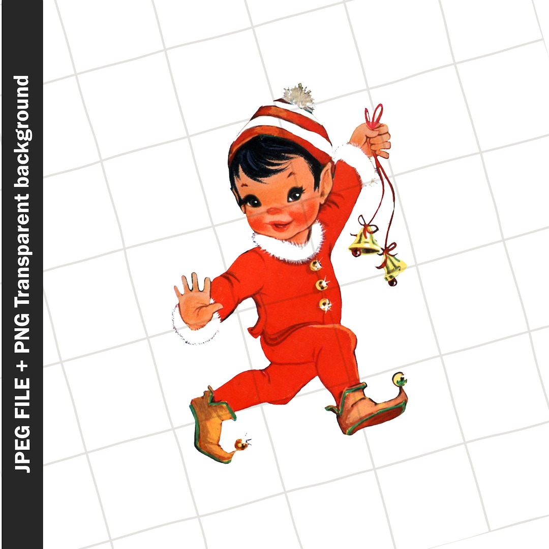 Digital Vintage Clipart | Boy Elf Christmas Red Greeting Card Graphic ...