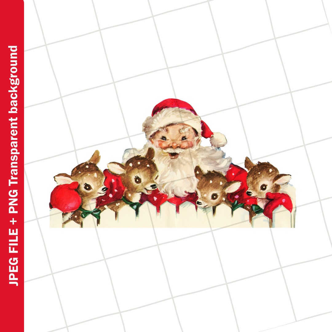 Vintage Clipart | Red Santa, Reindeer Deer, Christmas Greeting Card ...