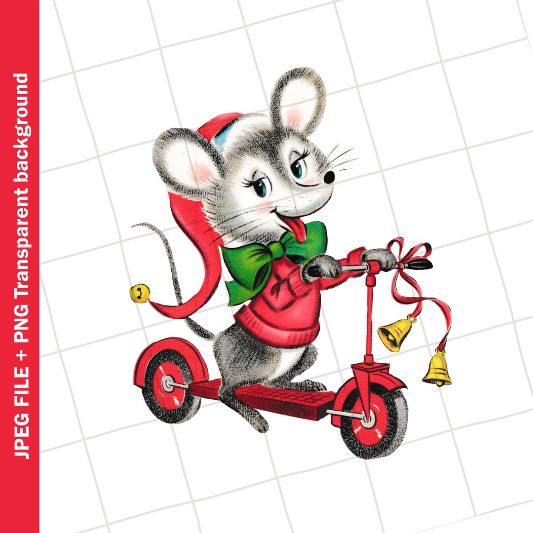 Digital | Mouse Scooter Christmas Vintage Greeting Card Clip Art ...