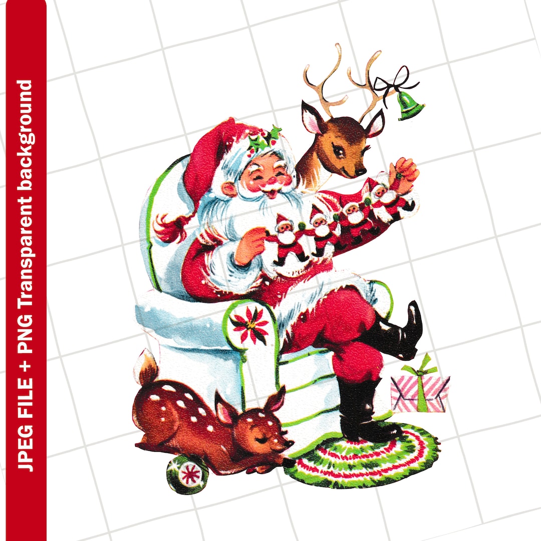 Vintage Clipart | Red Santa Claus Christmas Reindeer | Digital Greeting ...