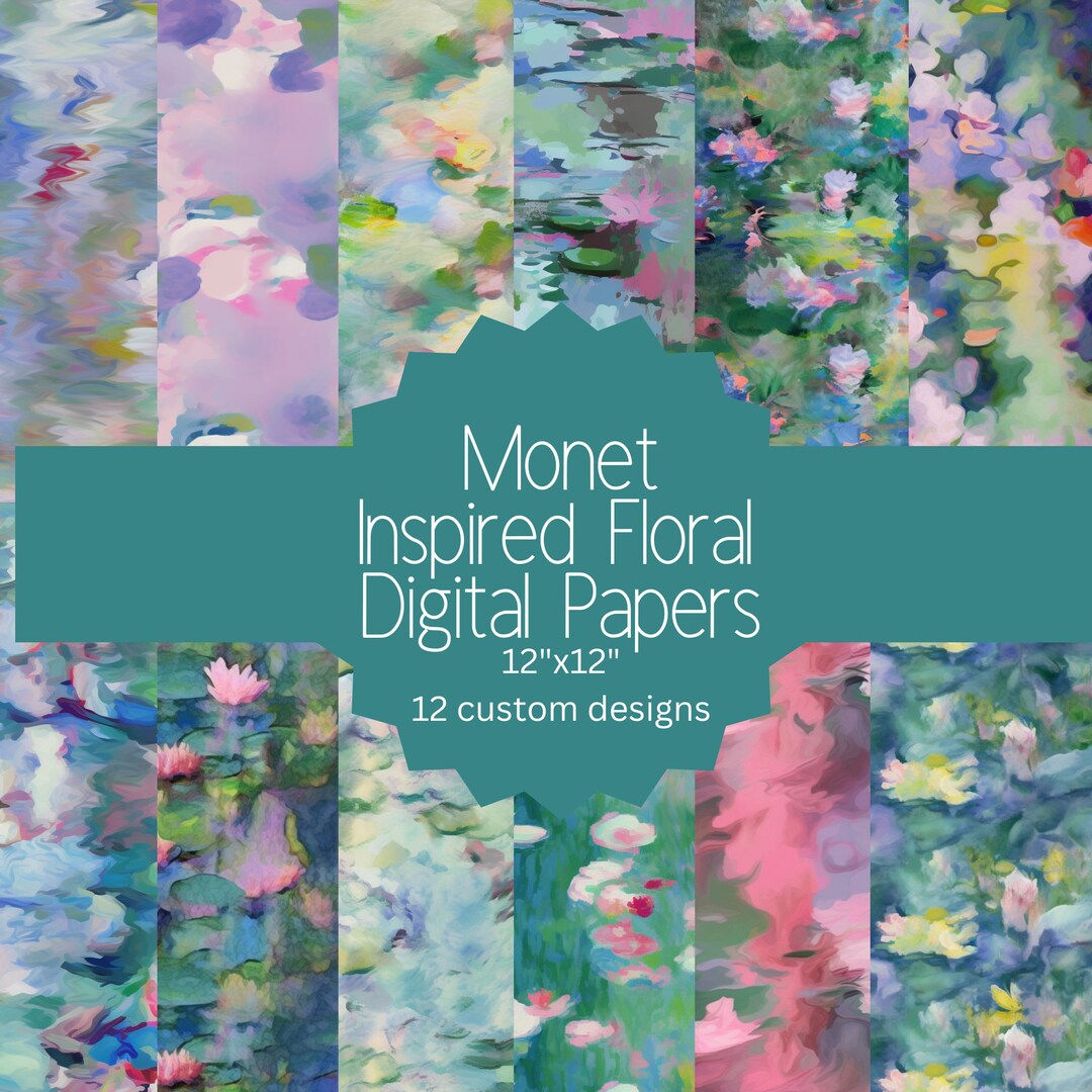 Monet Inspired Floral Waterlines Set of 12 Digital Design Papers 12”x12 ...