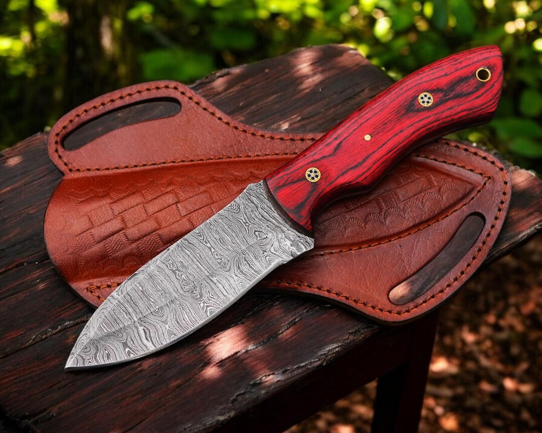 Fixed Blade Damascus Steel Hunting Knife With Leather Sheath, 9'' Full ...