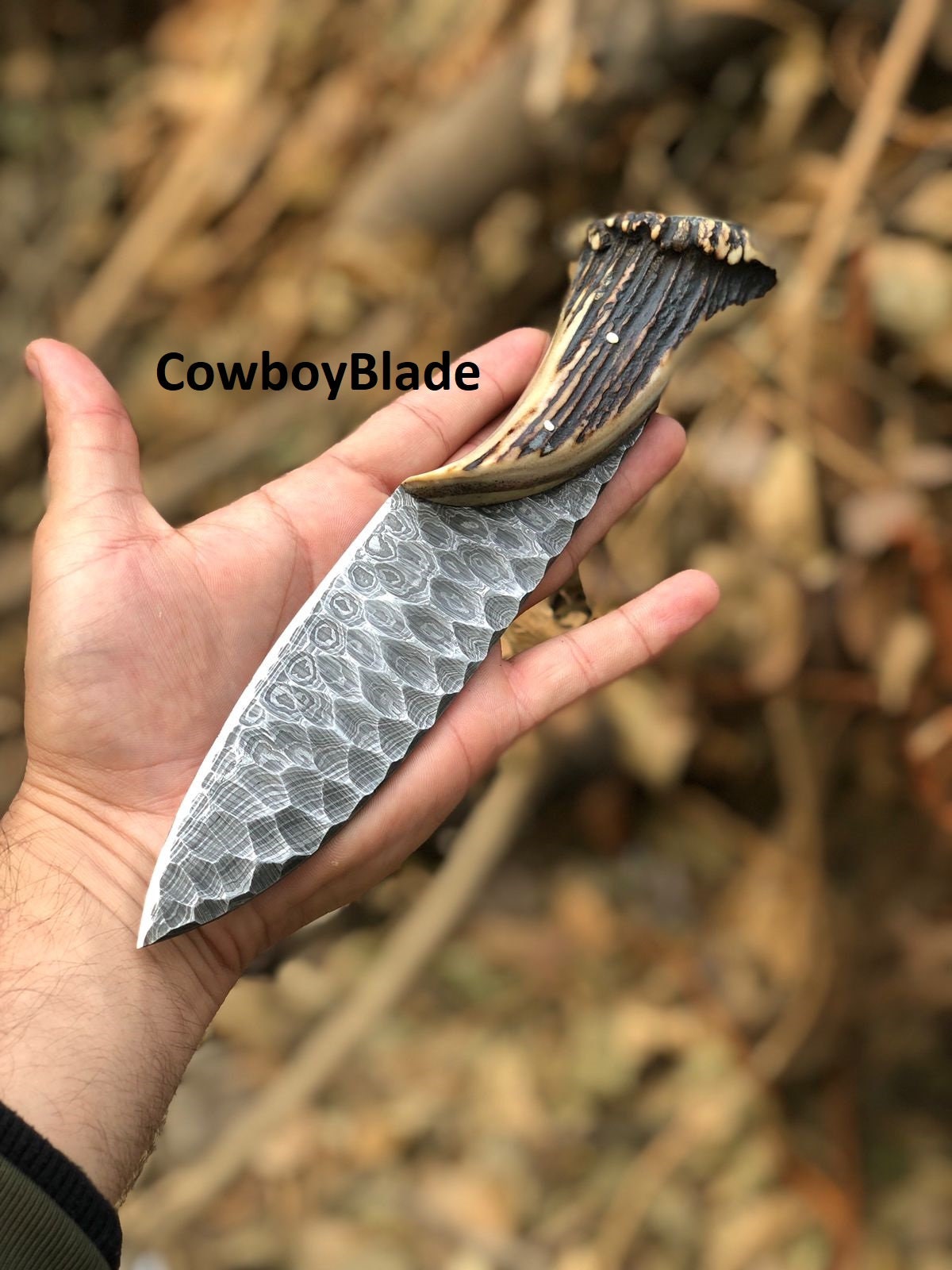 Hand Forged Outdoor Hunting Knife Stone Textured Antler Handle - Etsy