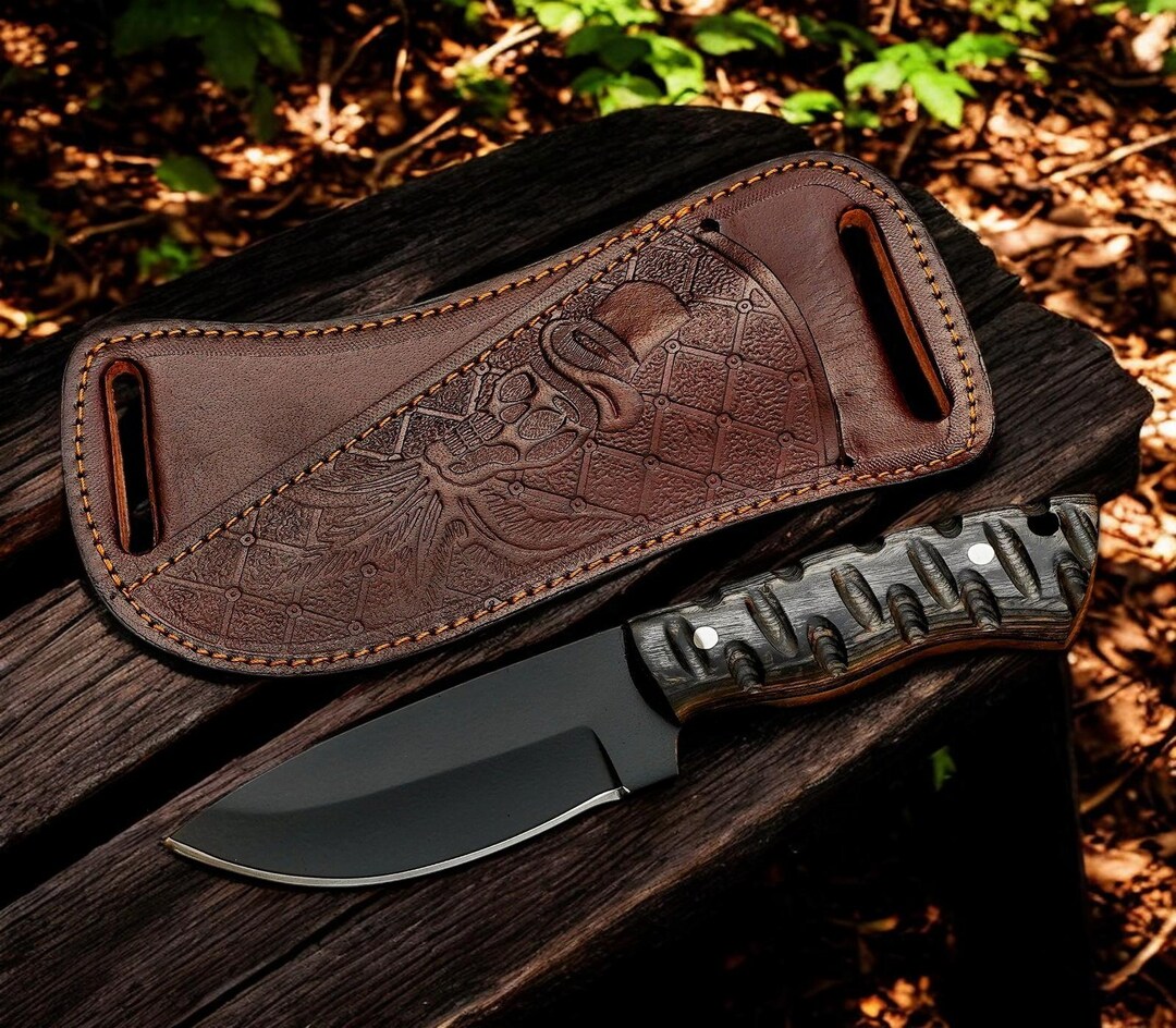Fixed Blade Carbon Steel Hunting Knife With Leather Sheath, 8'' Full ...