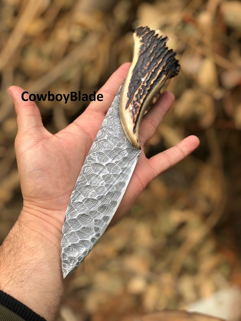 Hand Forged Outdoor Hunting Knife Stone Textured Antler Handle - Etsy