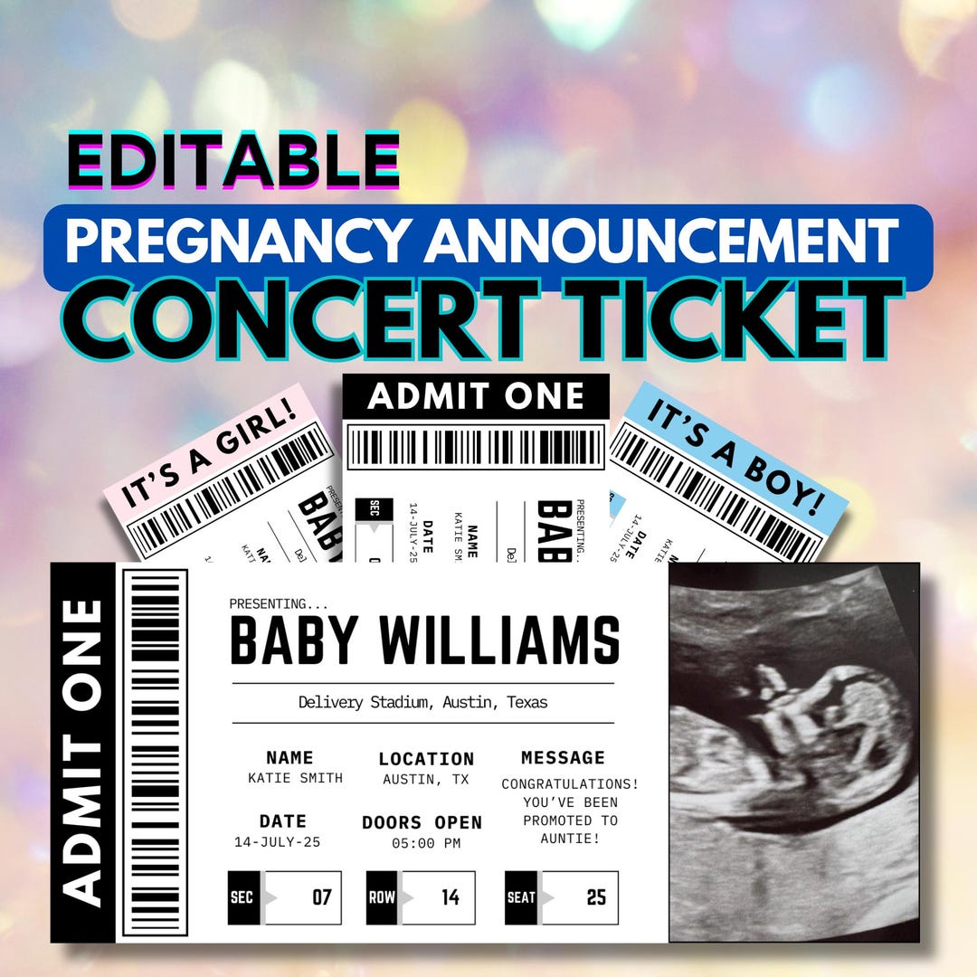 Editable Pregnancy Announcement Concert Ticket Baby Announcement Custom ...