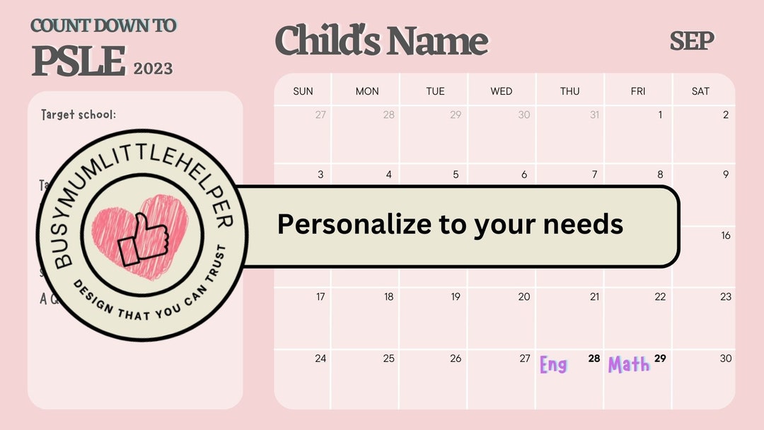 PSLE P6 2023 Calendar Editable Canva Template Pink // Custom - Etsy