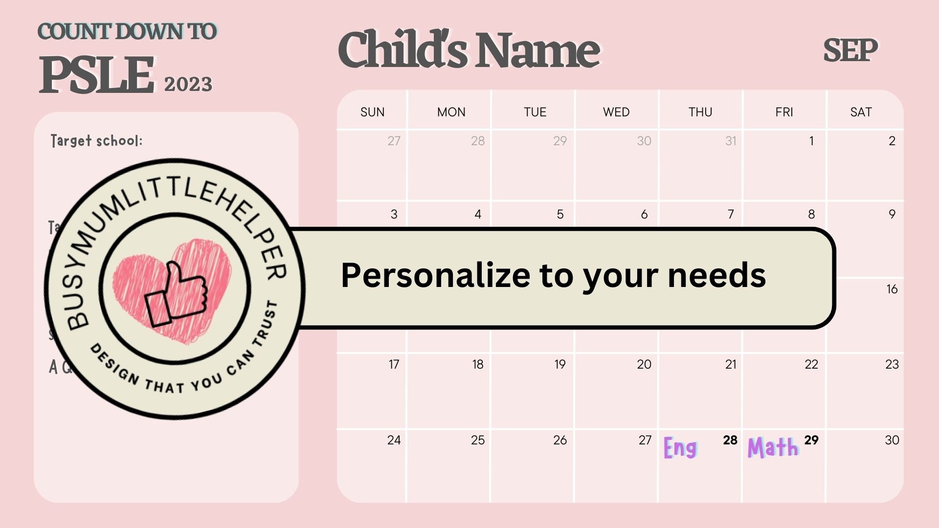 PSLE P6 2023 Calendar Editable Canva Template Pink // Custom - Etsy