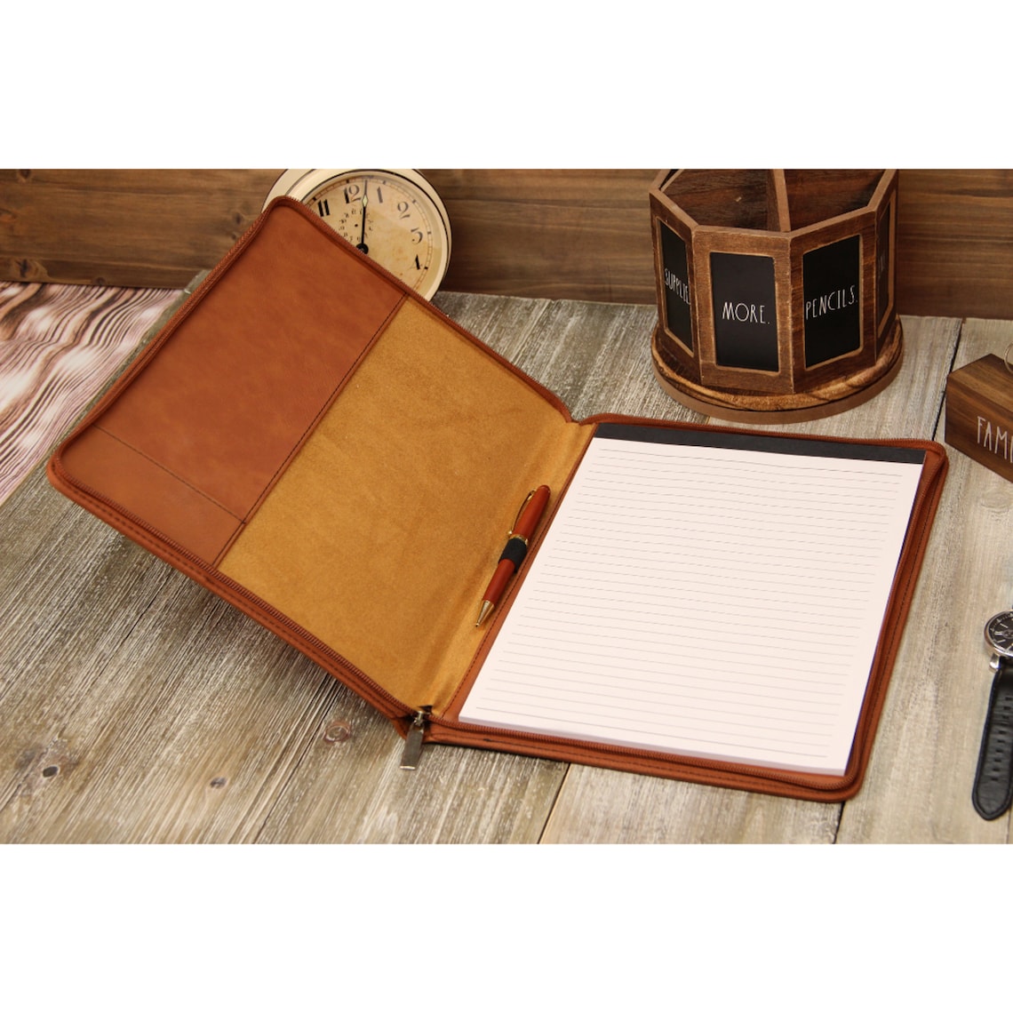 Personalized Zipper Leather Portfolio, Personalized Notebook, Leather ...