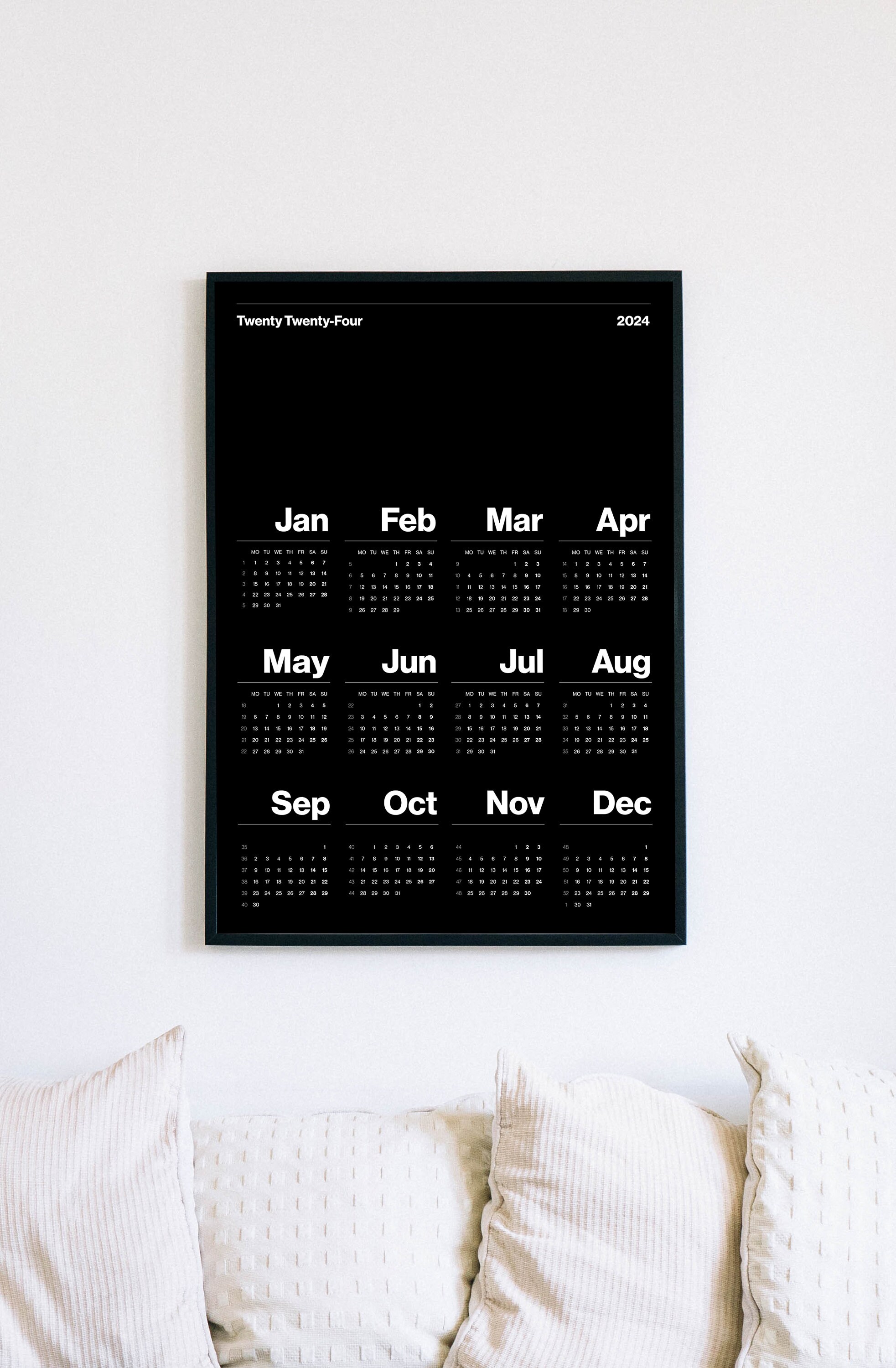 2024 Black Minimal Printable Calendar Modernist Wall Calendar for ...