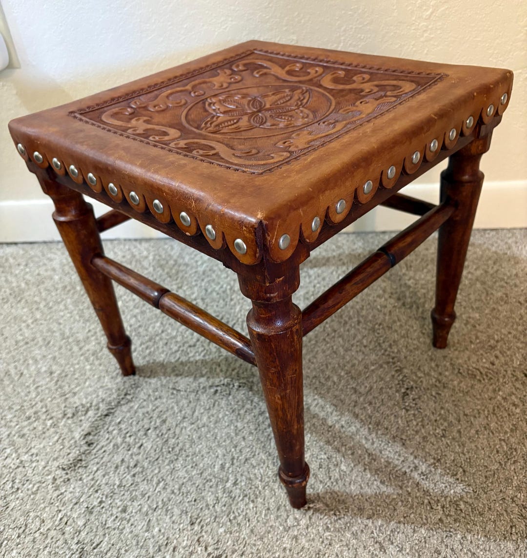 Tooled Leather Stool With Turned Hardwood Legs and Spindles - Etsy