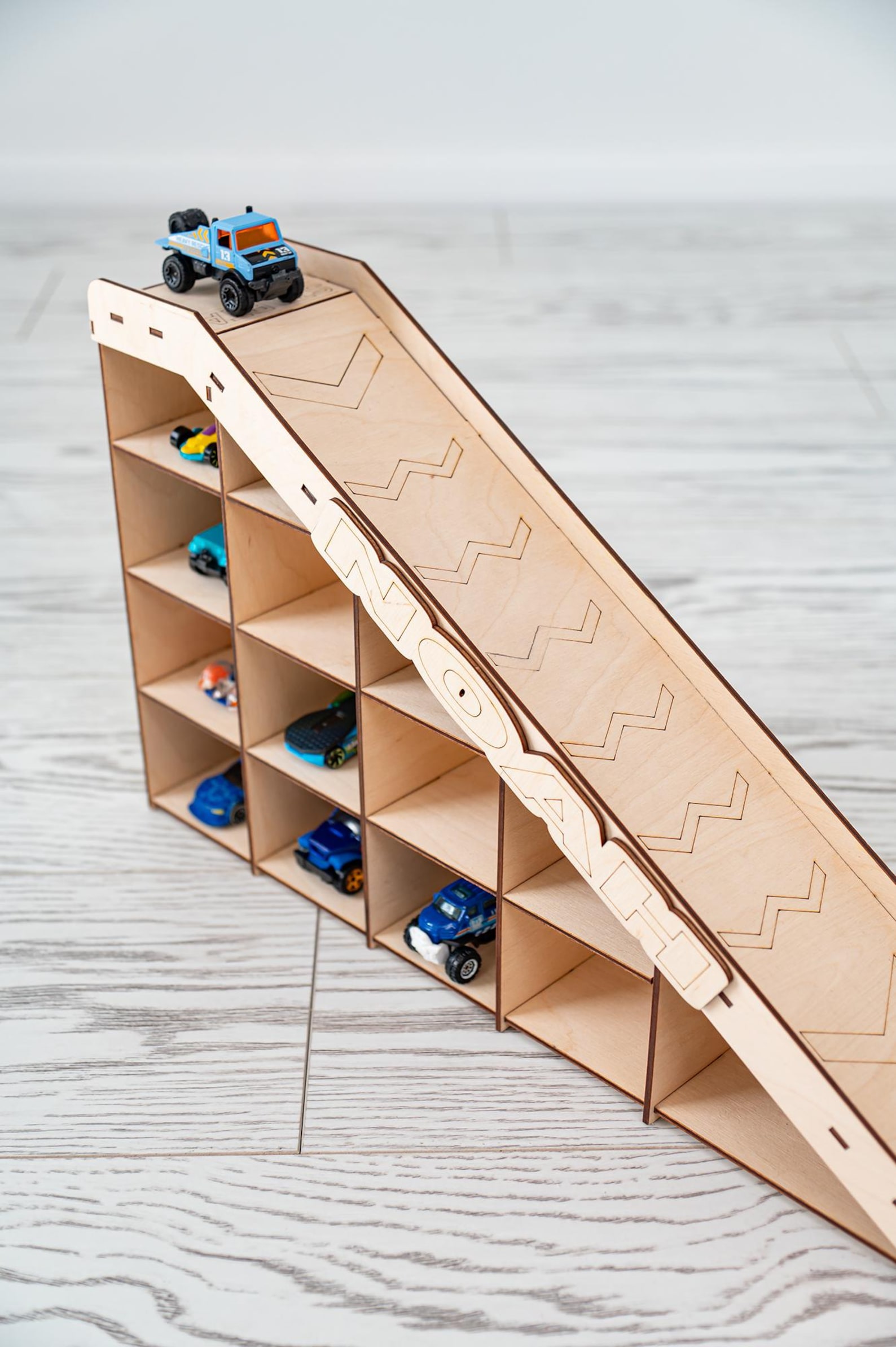 Wooden Car Racetrack Ramp JUMP | Trampoline and Auto Garage ...