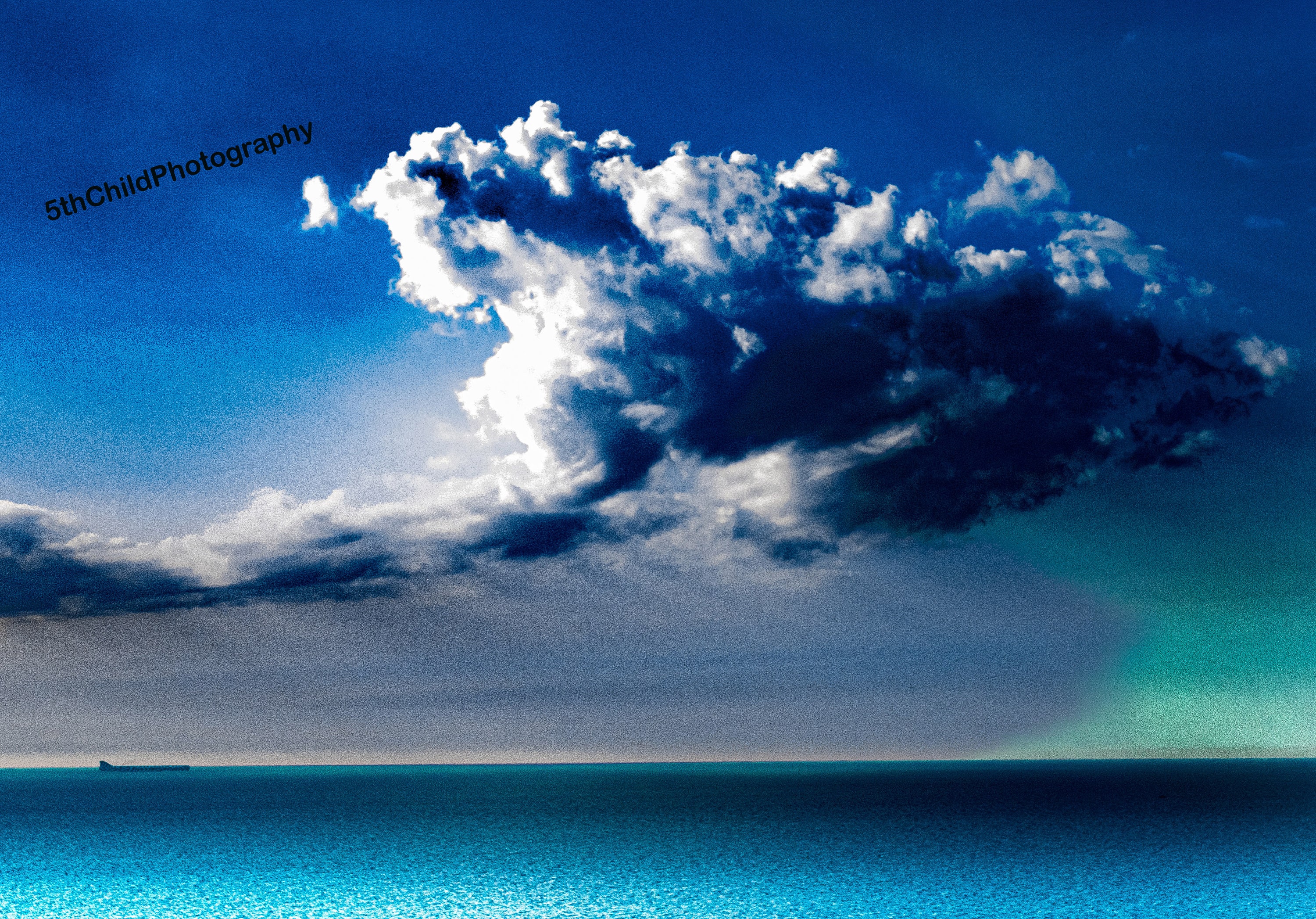 Digital Art Print of Blue Sky and Ocean, Small Boat in Background Near ...