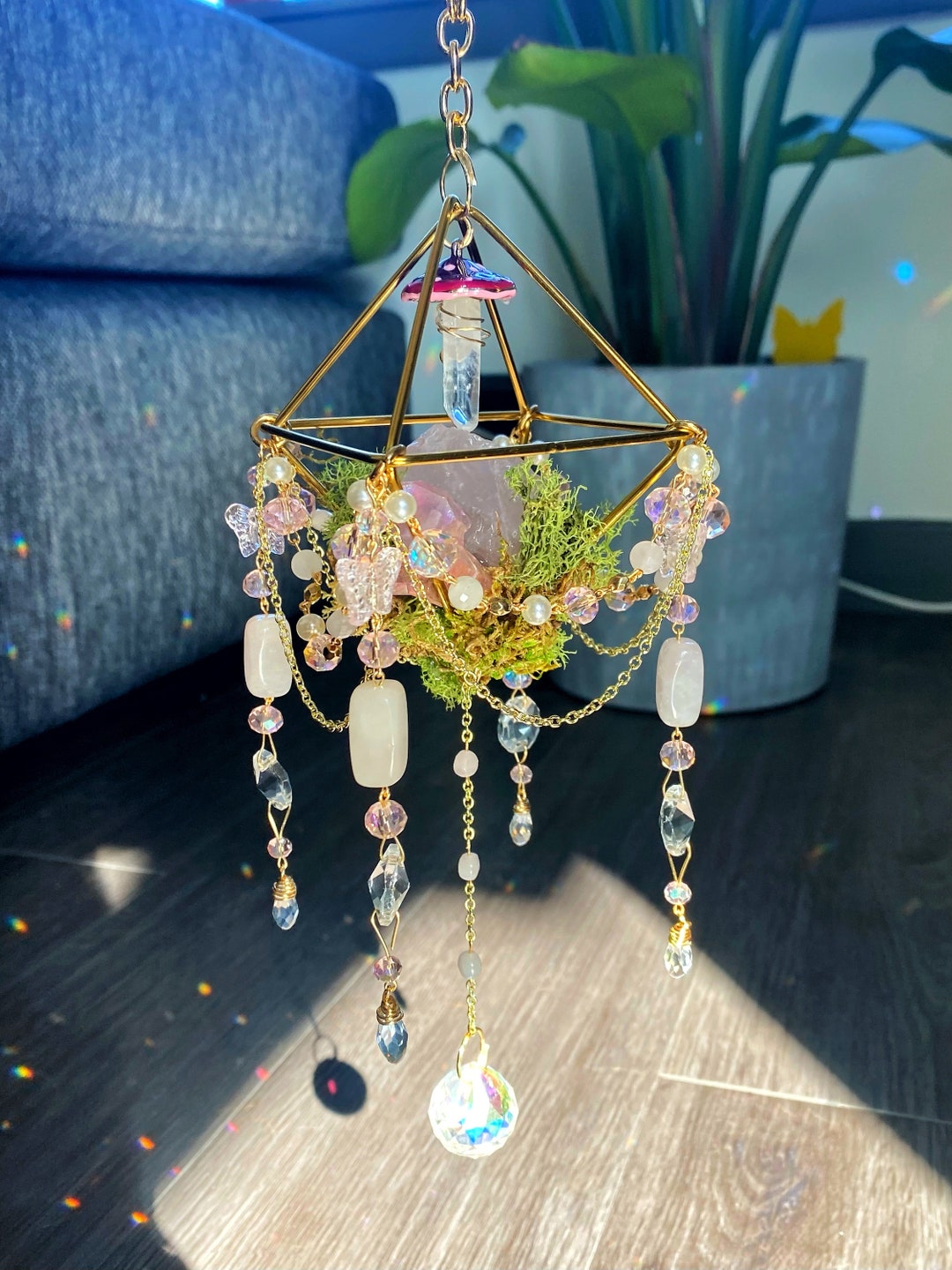 Rose Quartz Whimsical Forest Fairy Moss and Mushroom Suncatcher - Etsy