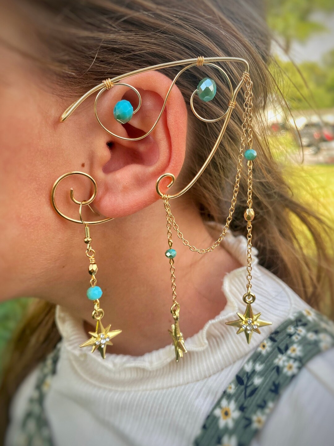 Pair of Gold and Teal Dangling Star Zelda Inspired Ear Cuffs Accessory ...