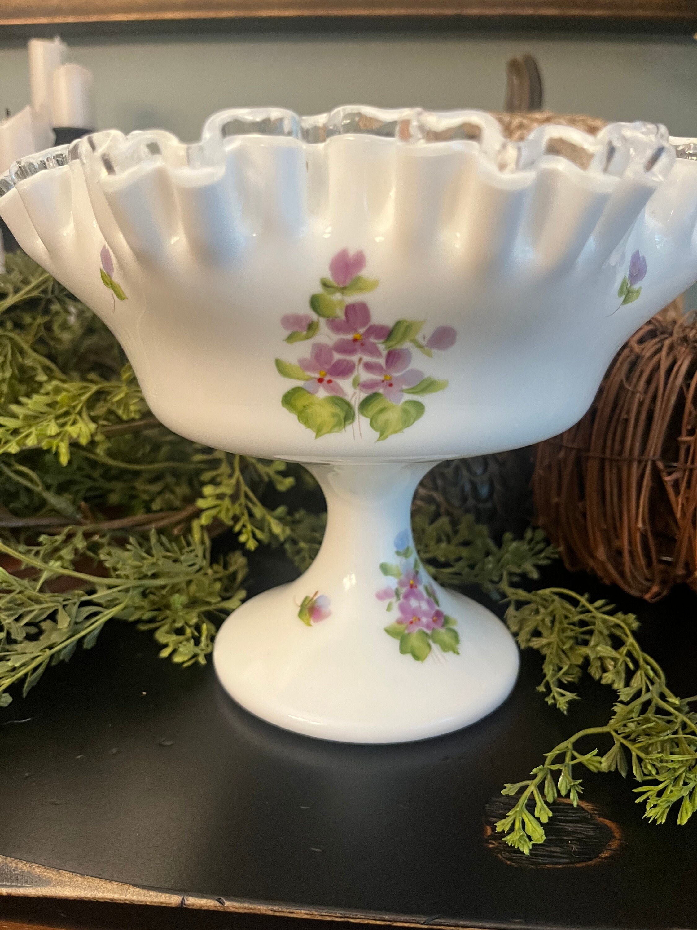 Vintage Fenton Silver Crest Ruffled Glass Violets in Snow Compote Bowl ...