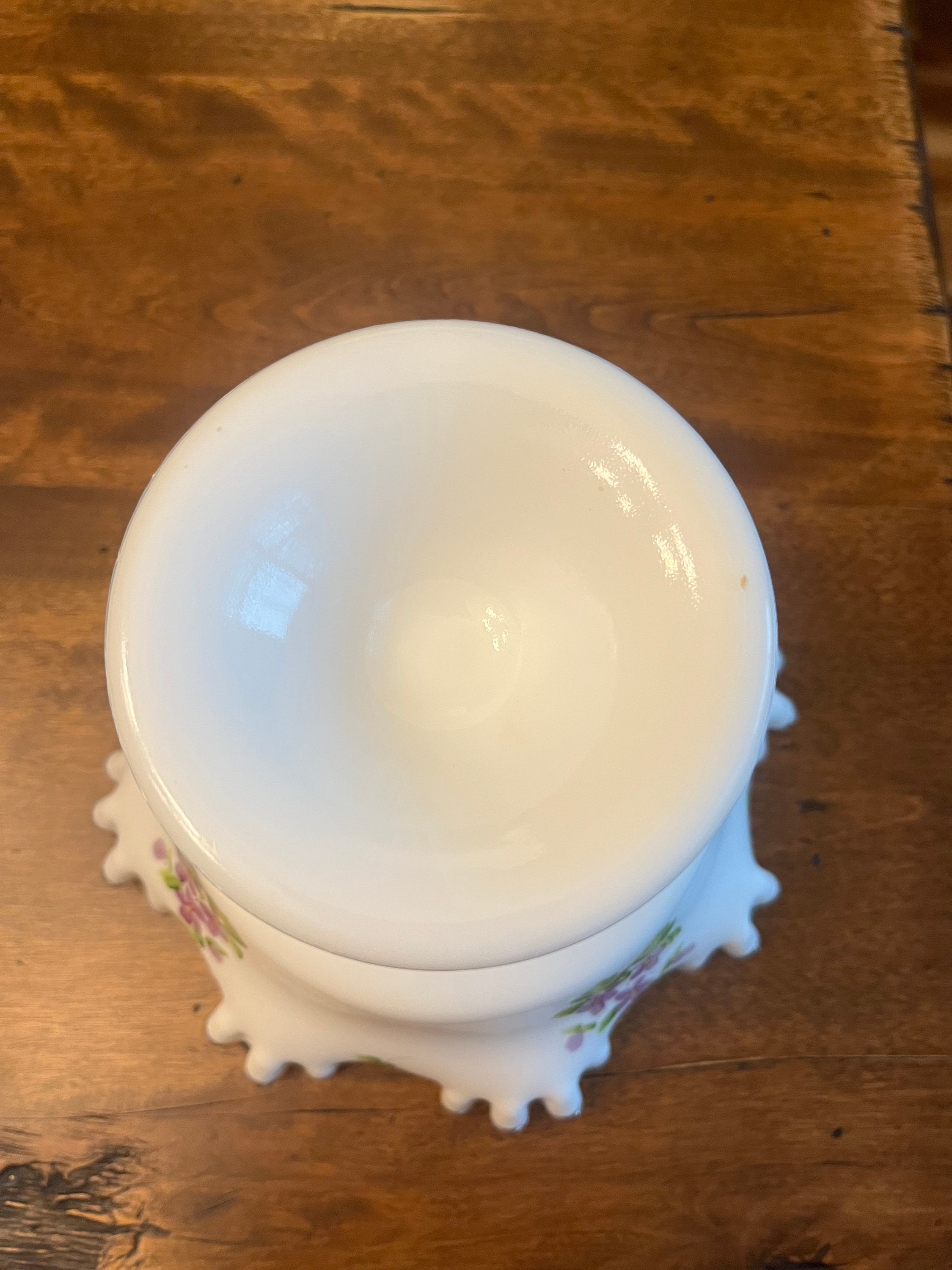 Vintage Fenton Silver Crest Ruffled Glass Violets in Snow Compote Bowl ...