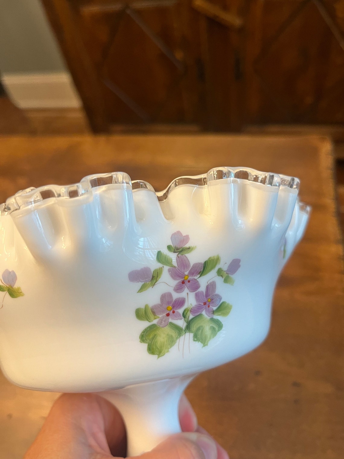 Vintage Fenton Silver Crest Ruffled Glass Violets in Snow Compote Bowl ...